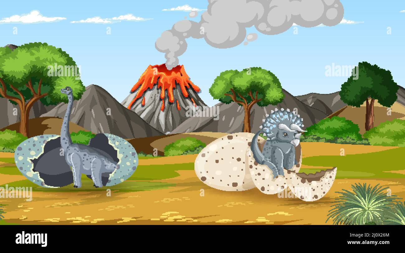 Prehistoric forest with dinosaur cartoon illustration Stock Vector ...
