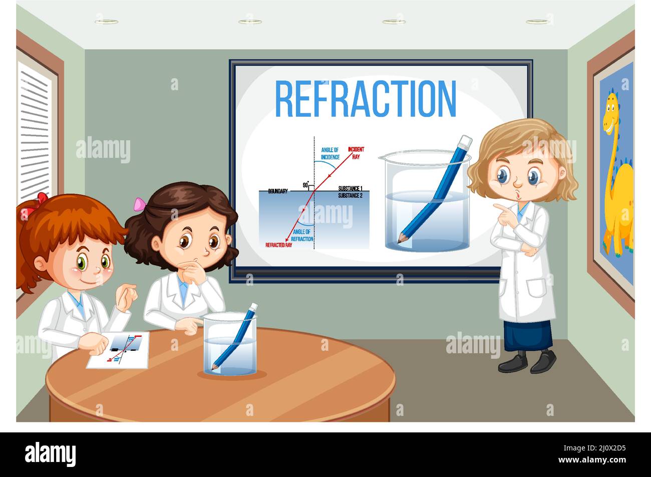 Refraction science experiment with pencil in water beaker illustration ...
