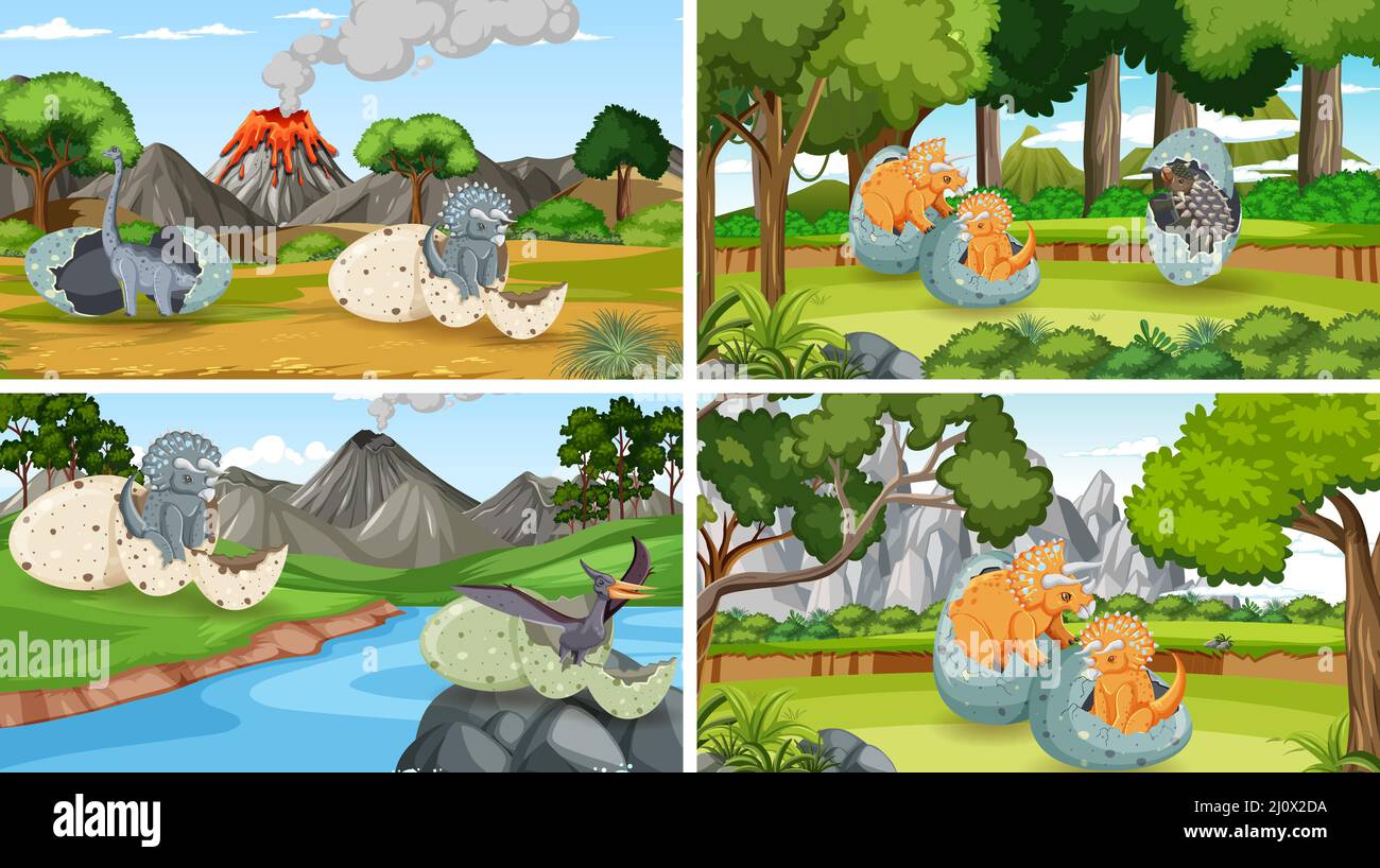 Different prehistoric forest scenes with dinosaur cartoon illustration ...
