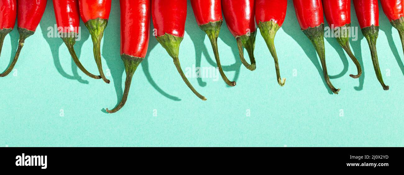 Red hot chilli peppers on minimal blue contrast background Stock Photo ...