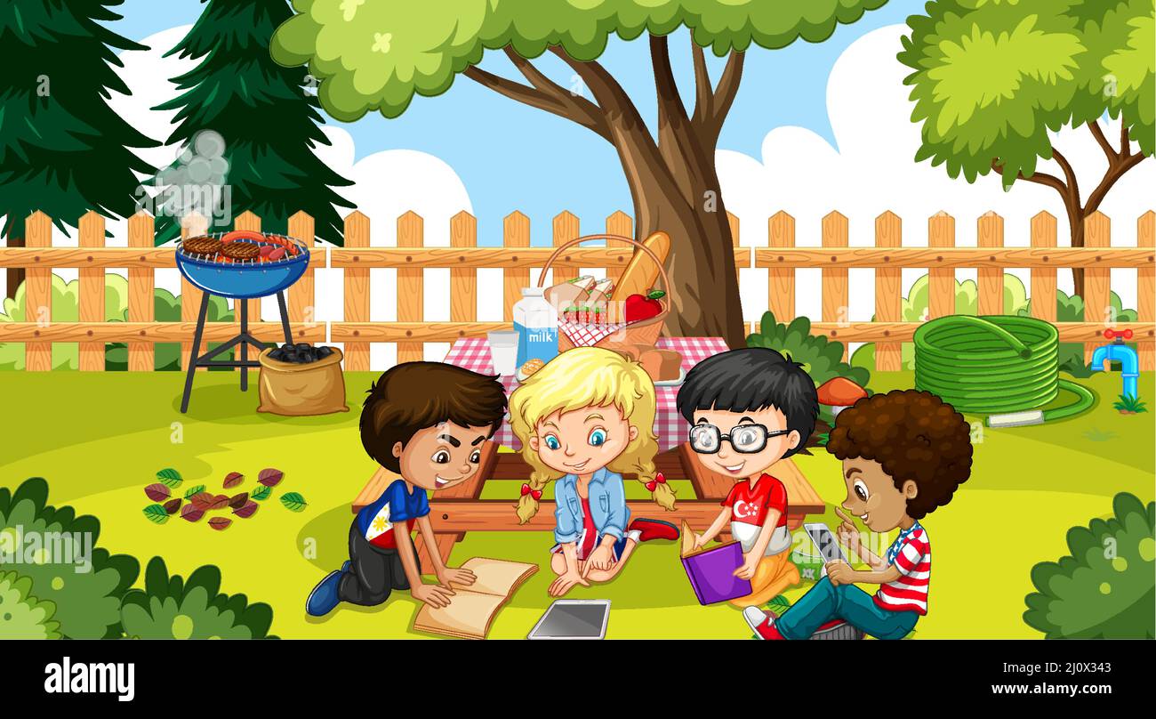 Four kids doing homework in garden illustration Stock Vector Image ...