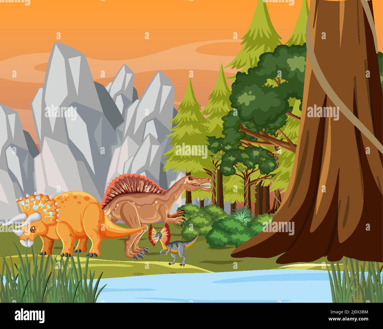 Nature scene with trees on mountains with dinosaur illustration Stock ...
