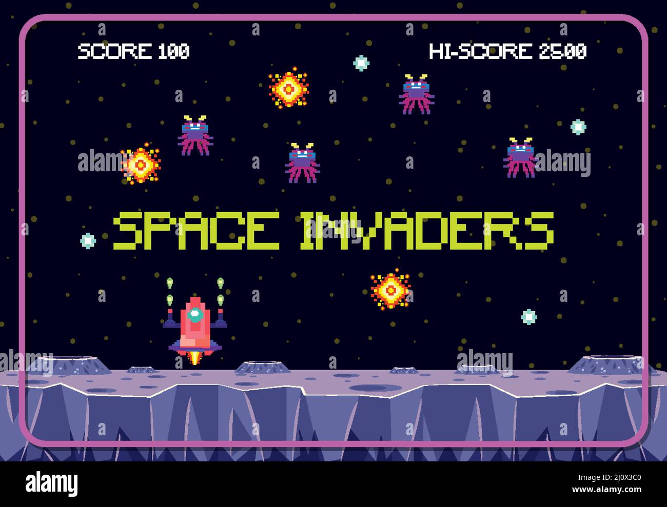 Pixel space game interface with space invaders illustration Stock ...