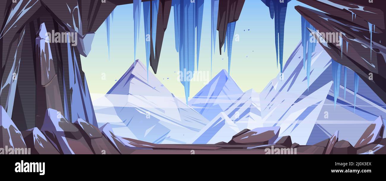 Ice cave with snow and stalactites, mountain cavern cartoon background ...