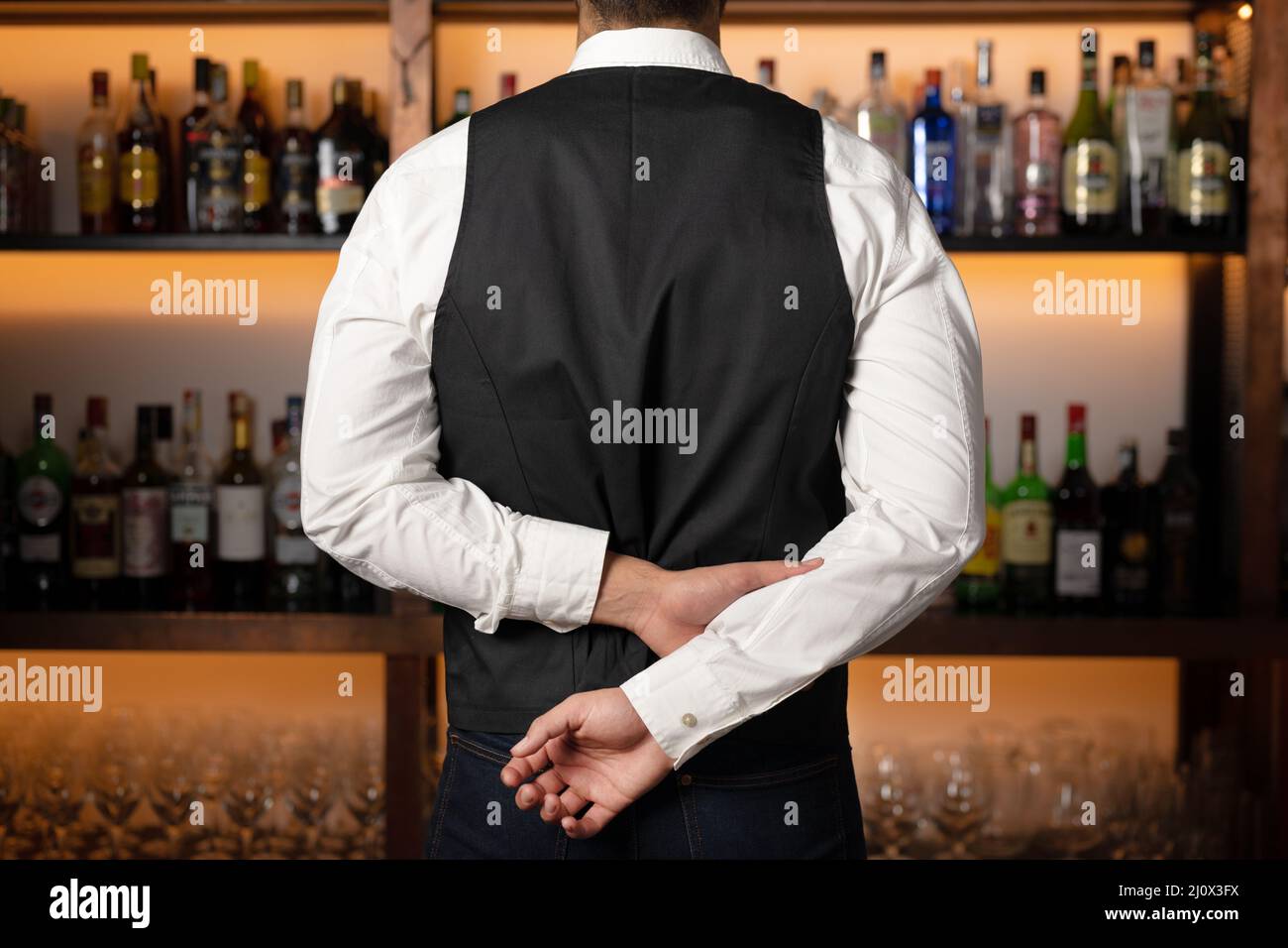 Backside of elegant bartender selecting beverage for customers in ...