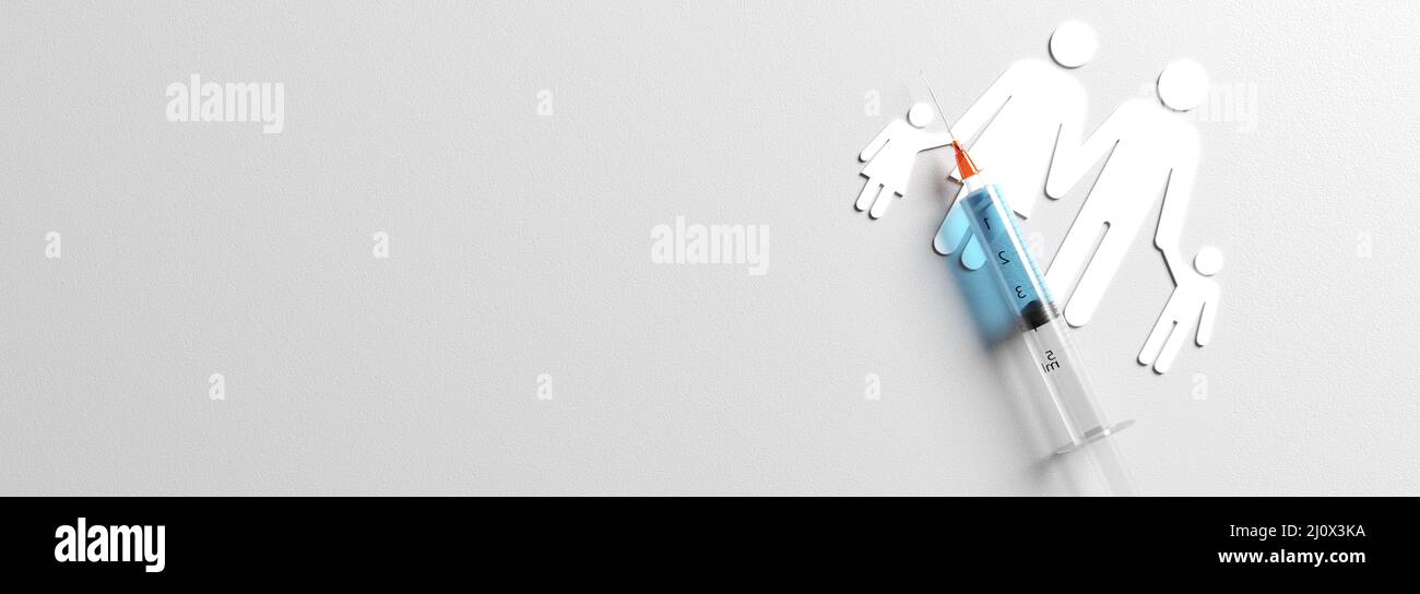 Medical syringe with a needle for family vaccination. 3D Rendering ...