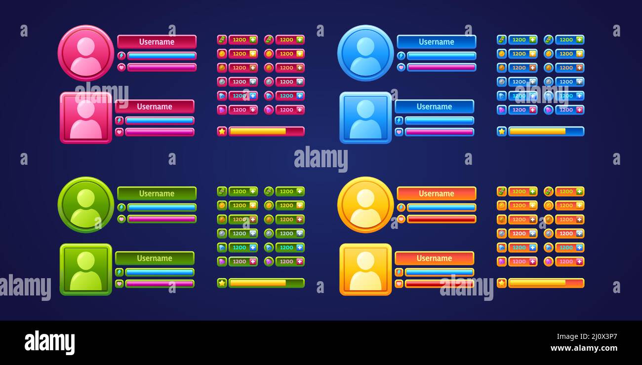 Game user menu panels, rpg gamer profiles, daily rewards, username, health, power sliders ...