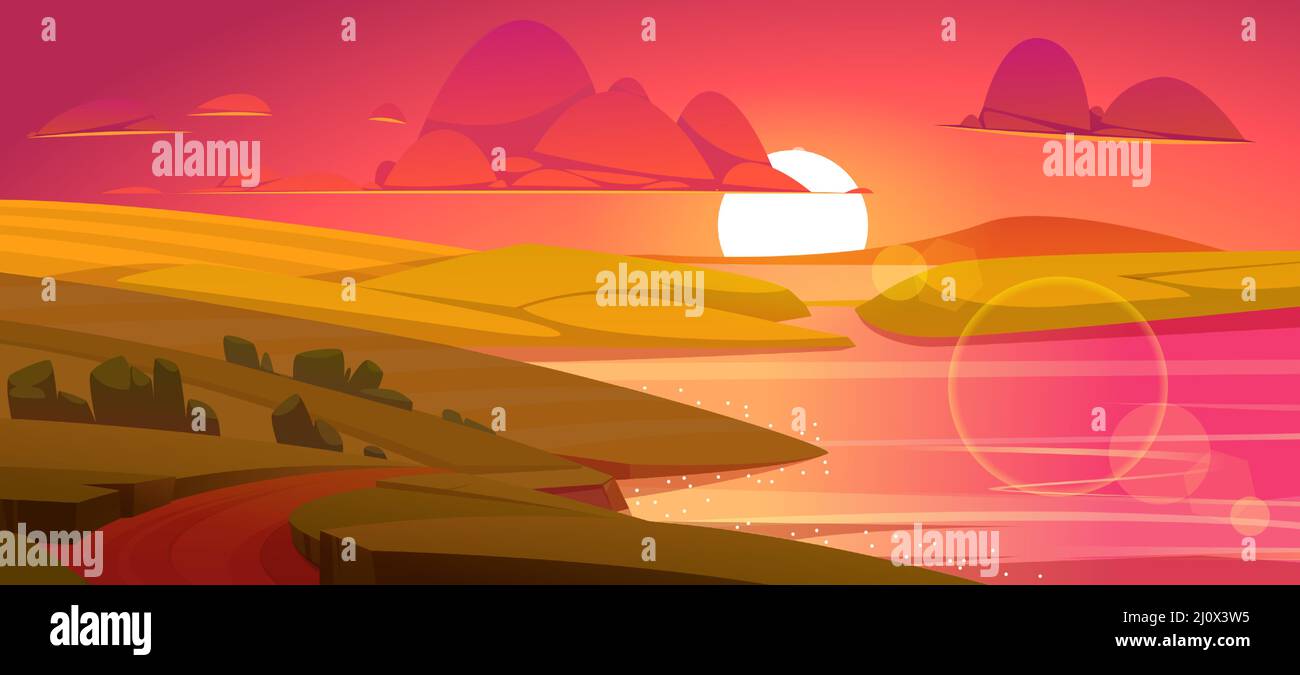 Summer landscape with river and fields at sunset. Vector cartoon ...