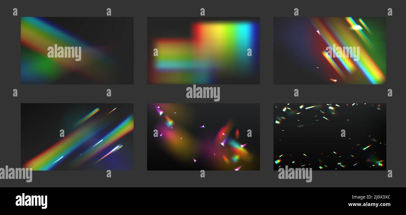 Rainbow crystal light beams, prism on black background. Collection of ...