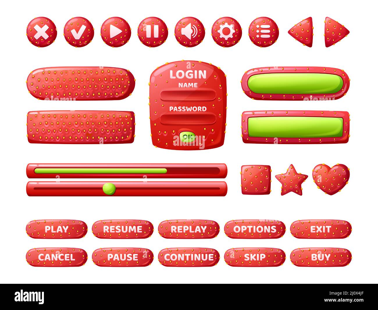 Buttons with strawberry texture for game interface. Vector cartoon set ...