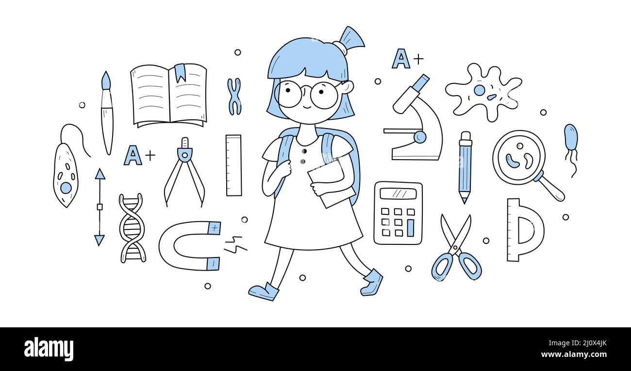 Back to school doodle concept. Student girl with backpack and textbook ...