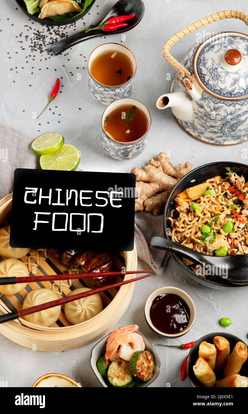 Assorted Chinese food set on light background. Traditional food concept ...