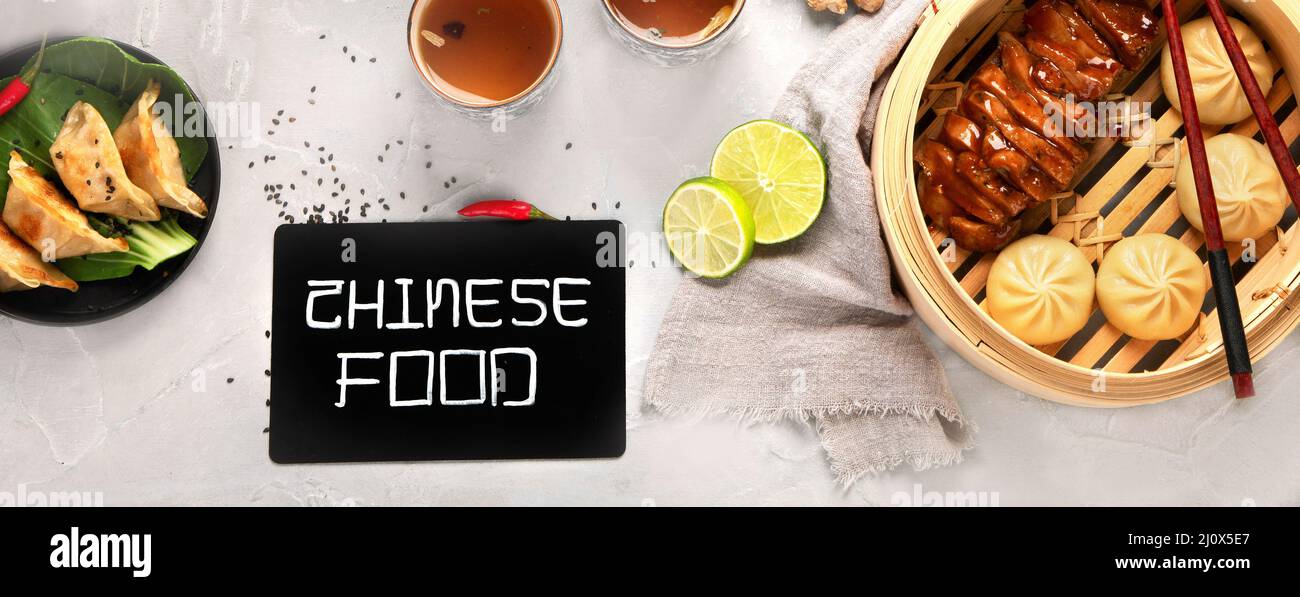 Assorted Chinese food set on light background. Traditional food concept ...