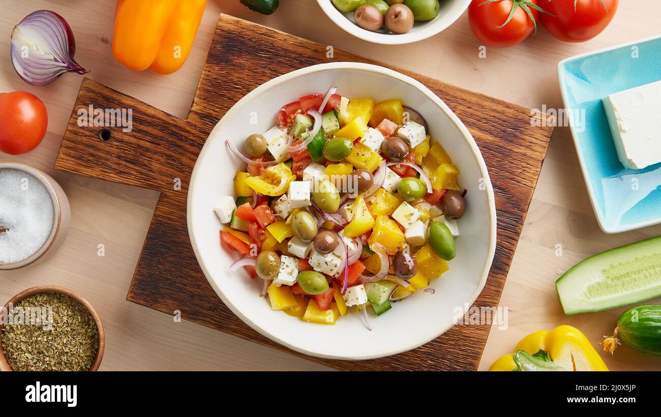 Greek village salad horiatiki with feta cheese, olives, pepper ...
