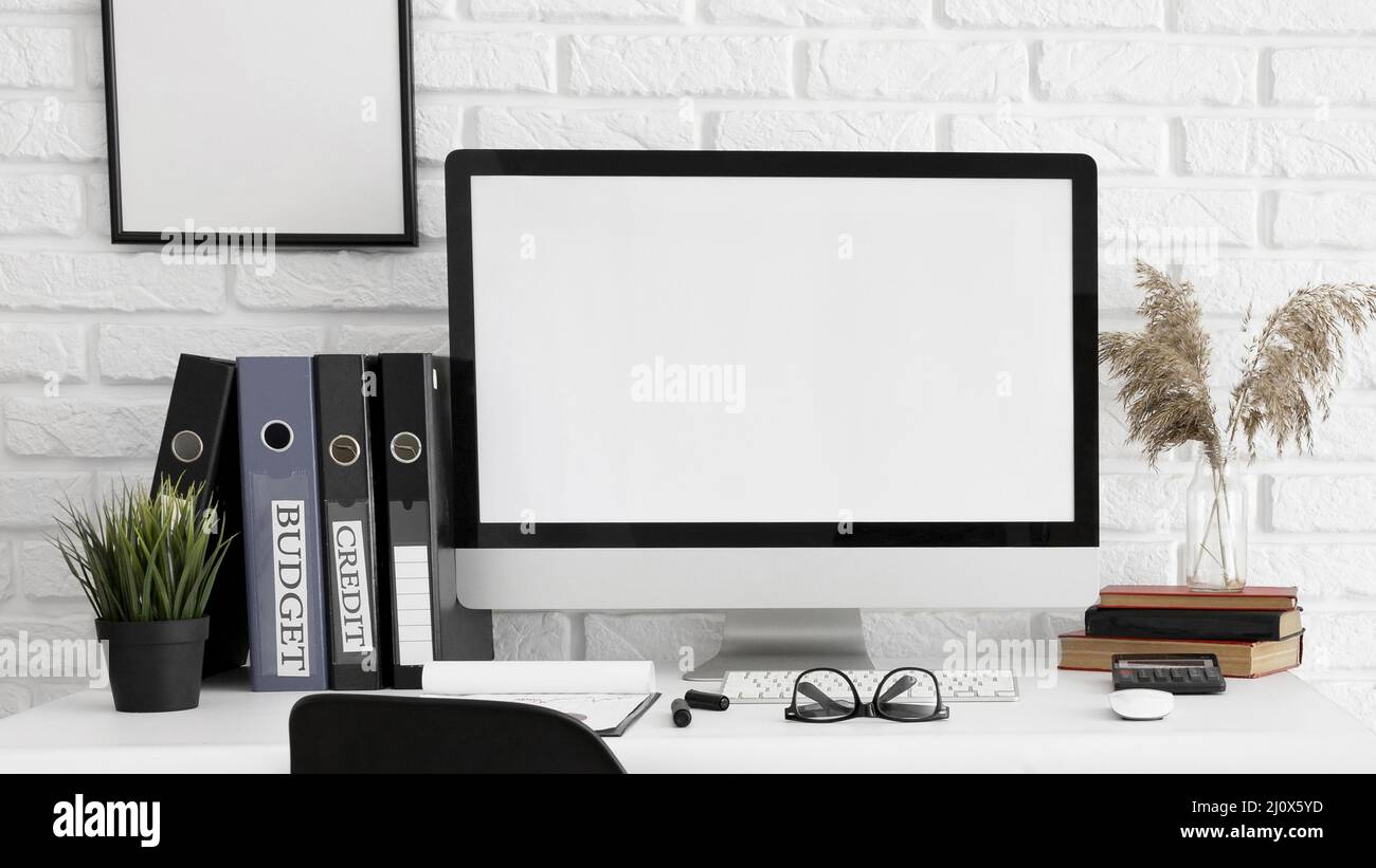 Front view computer screen office workspace. High quality beautiful ...