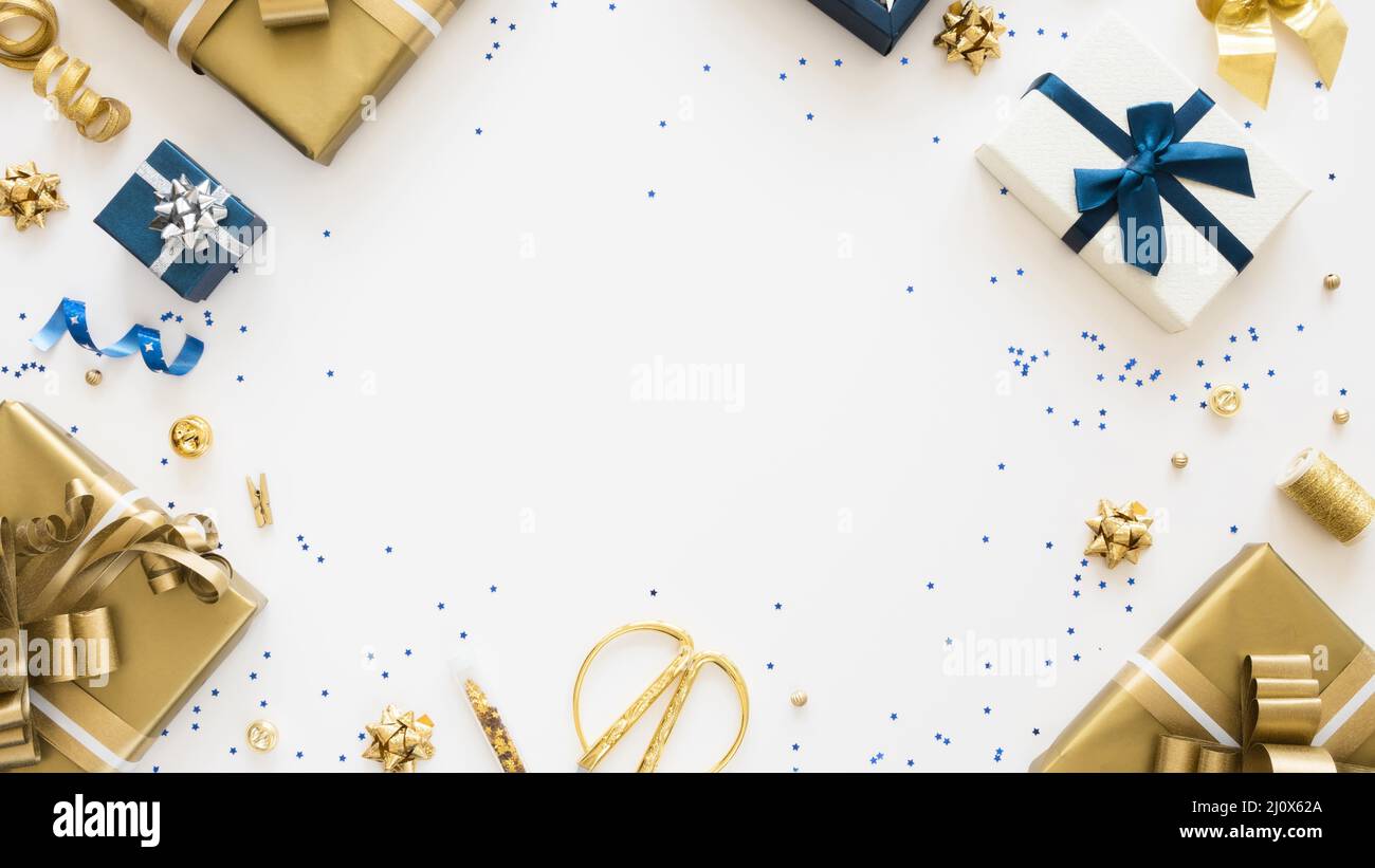Flat lay composition wrapped presents with copy space. High quality ...