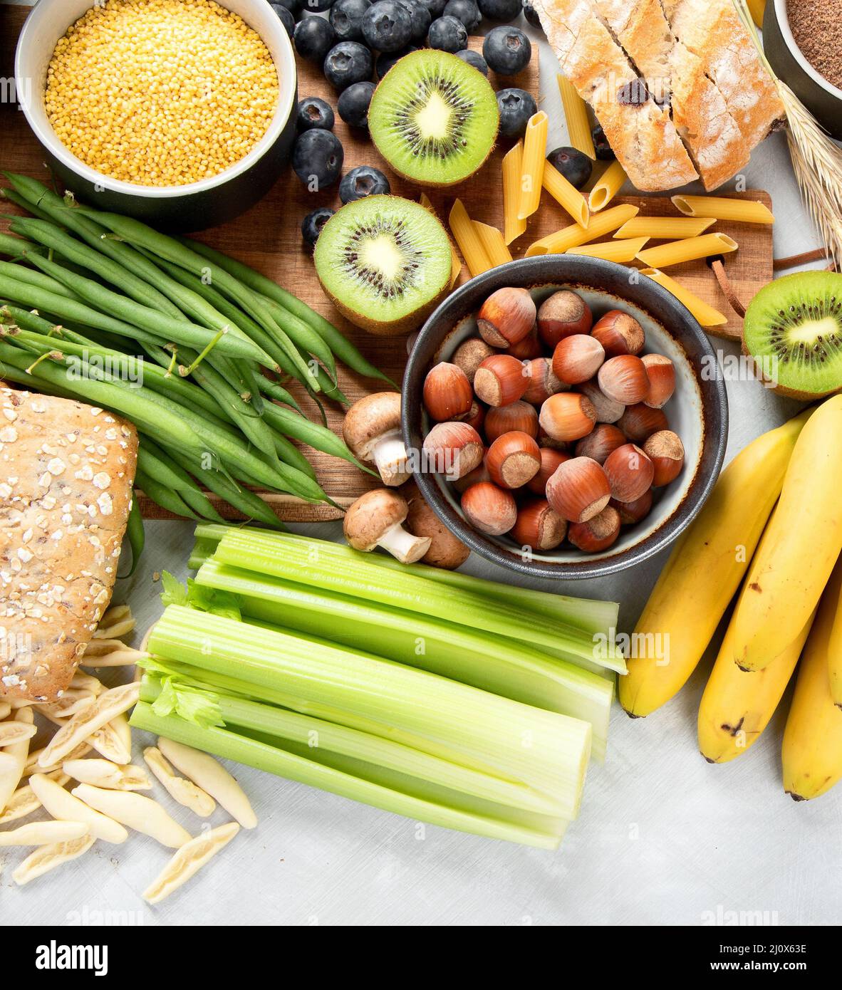 Foods high in fiber on gray background. Healthy food concept. Top view ...
