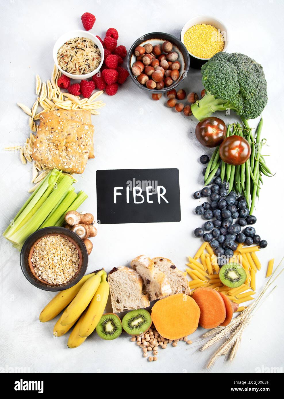 Foods high in fiber on gray background. Healthy food concept. Top view ...