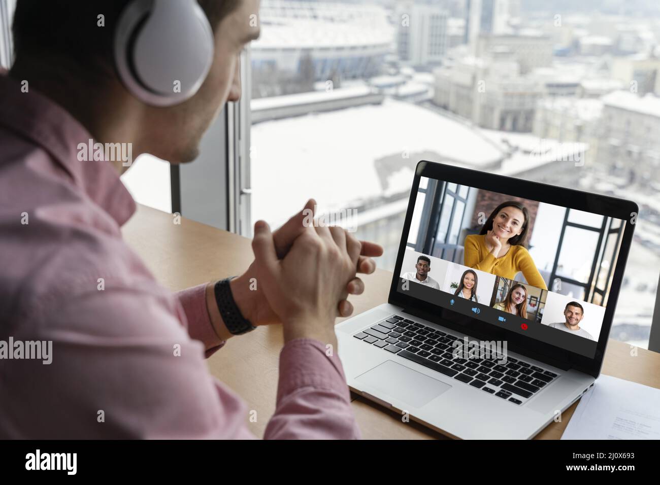 Man having online video call with coworkers. High quality beautiful ...