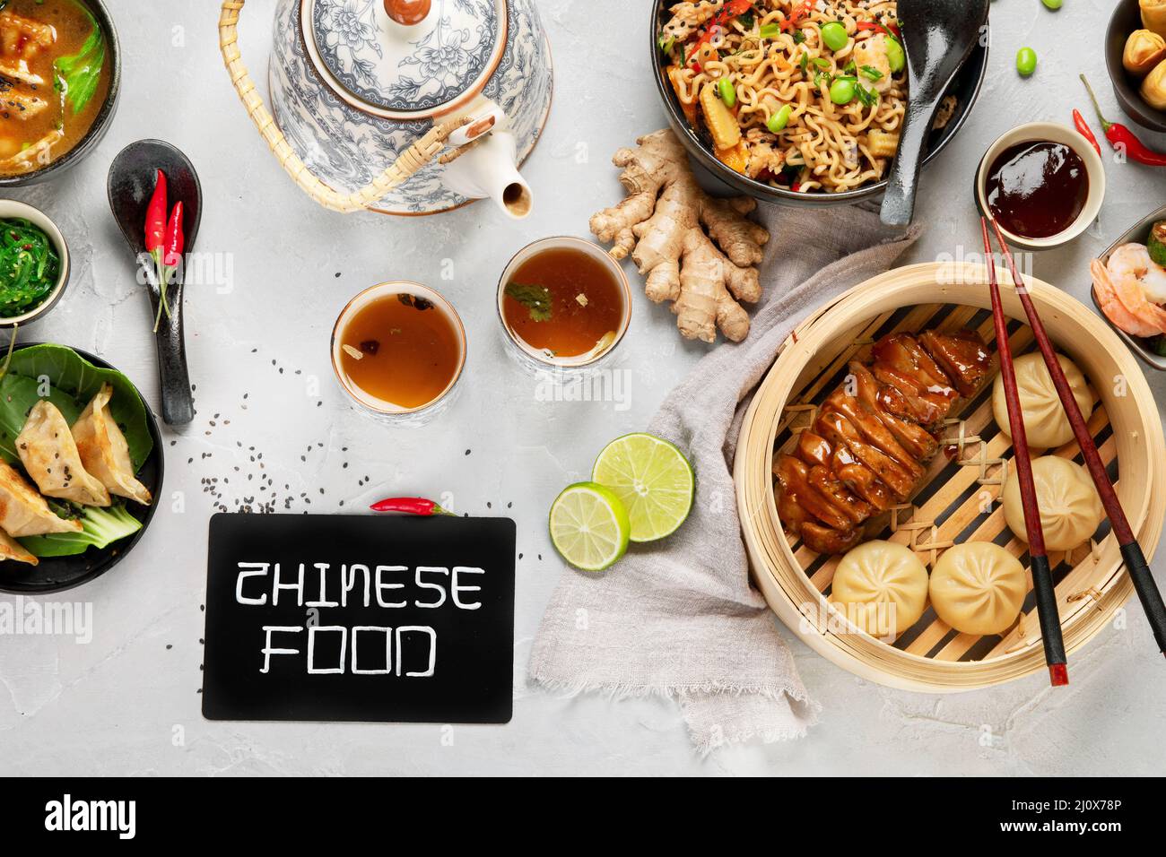 Assorted Chinese food set on light background. Traditional food concept ...