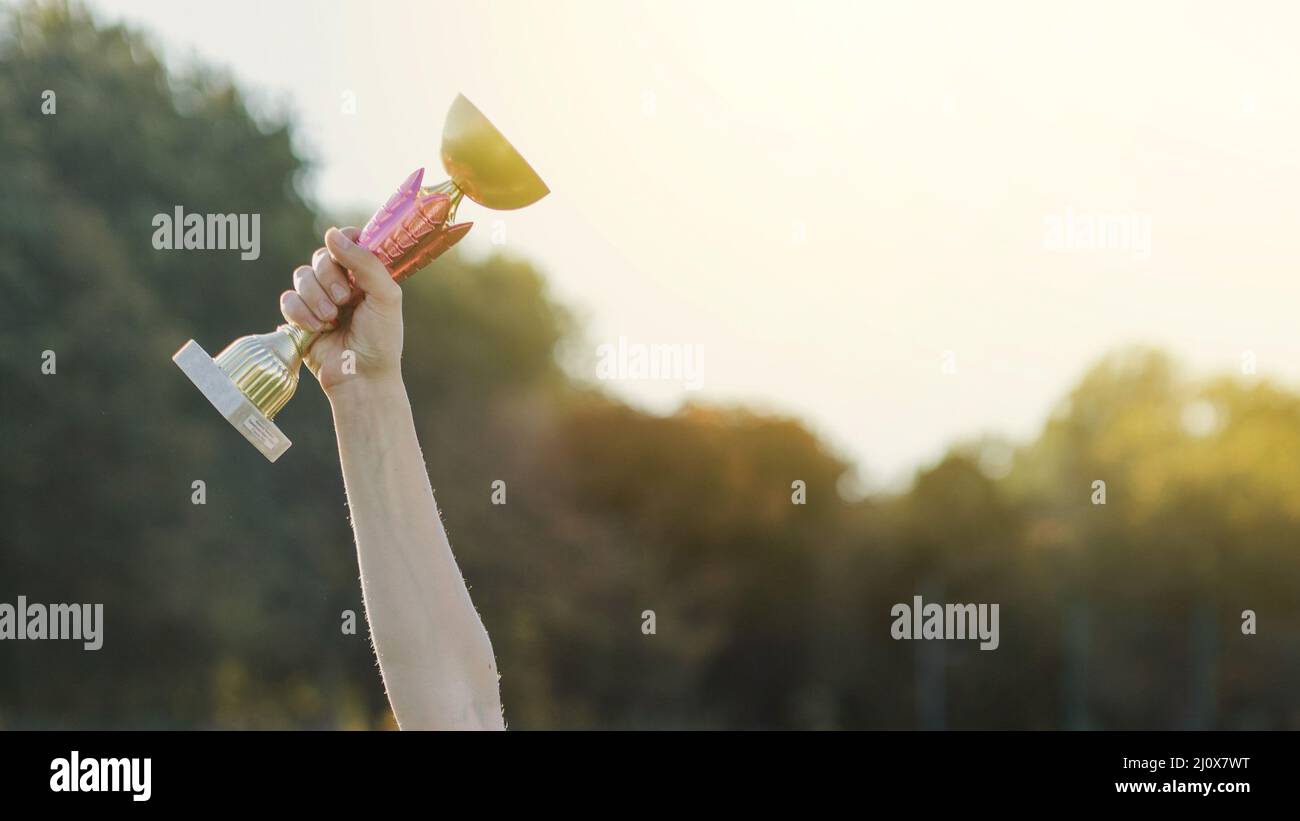 Female hand raising trophy Stock Photo - Alamy