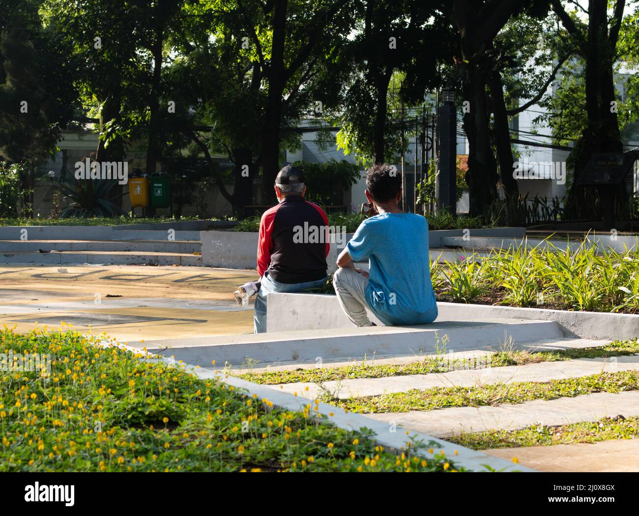 two men sunbathing in the garden facing the back Stock Photo - Alamy