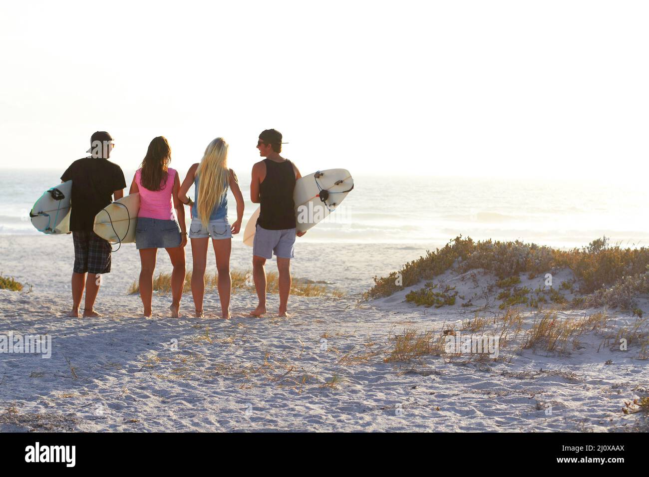 The perfect wave is coming. Shot of surfing friends at the beach Stock ...