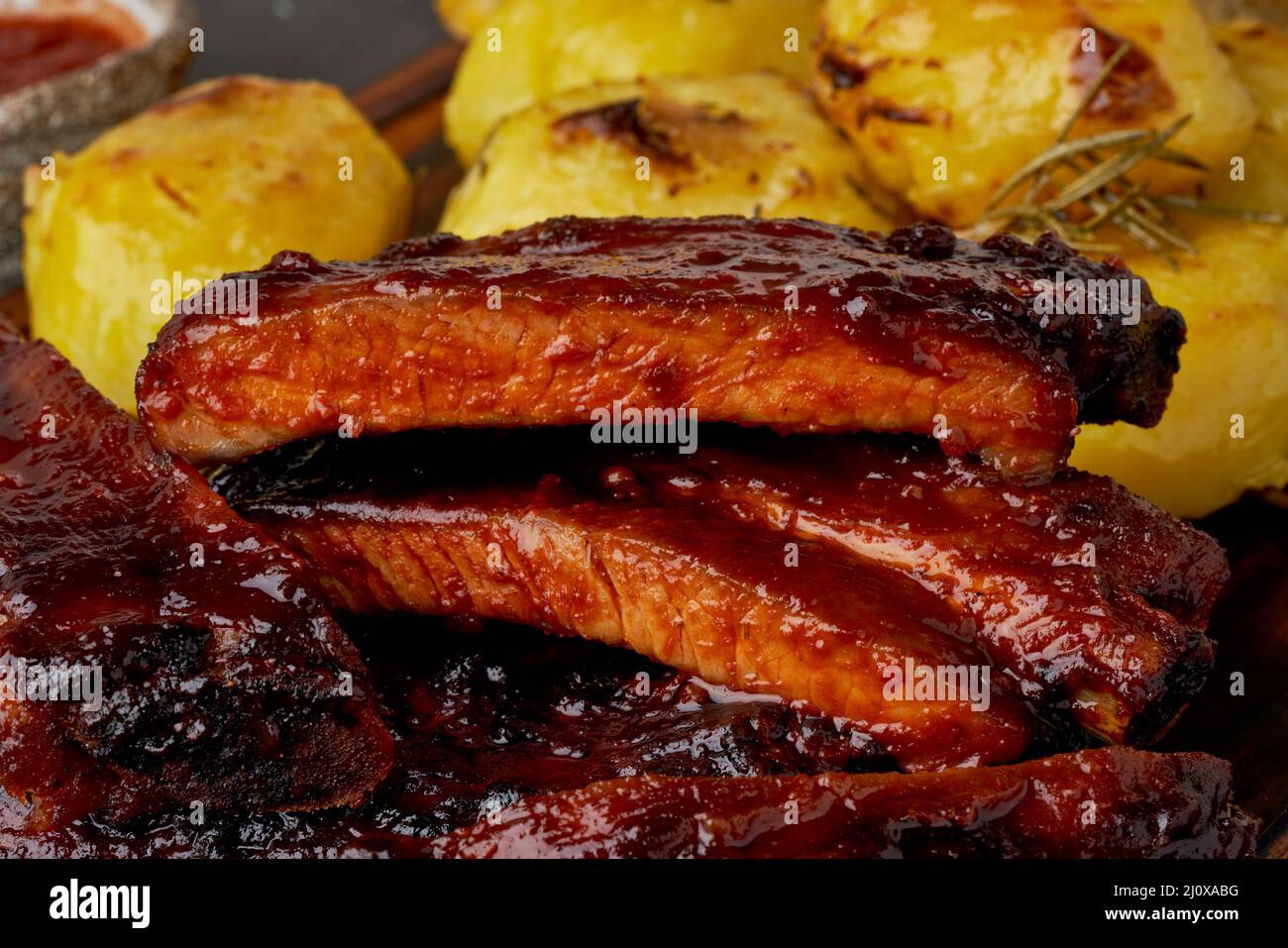 Pickled Roasted Pork Meat with red sauce. American Cuisine Stock Photo ...
