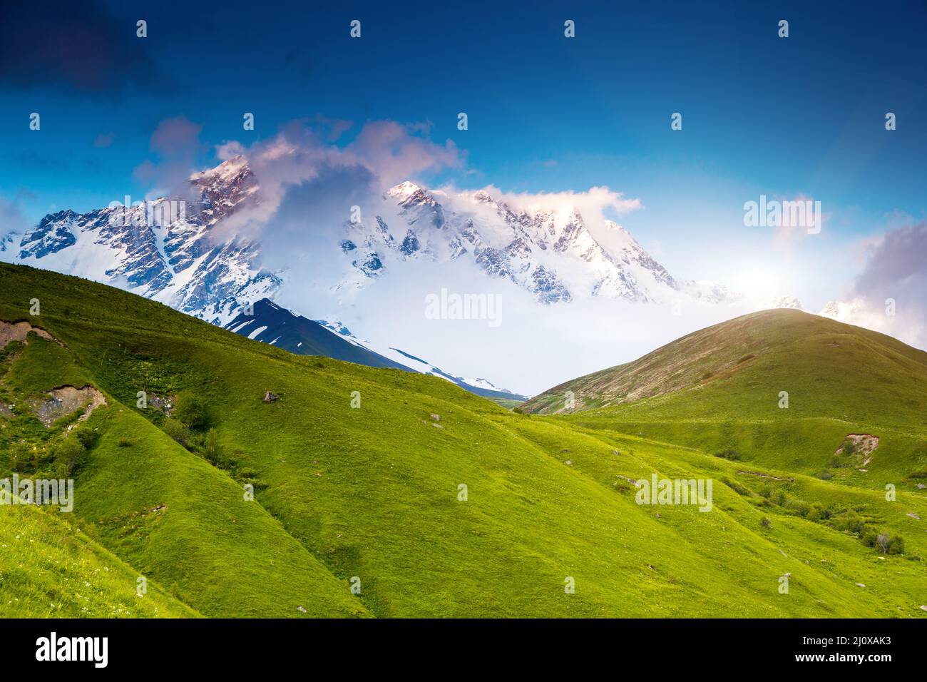 Beautiful alpine meadows at the foot of Mt. Shkhara. Dramatic overcast ...