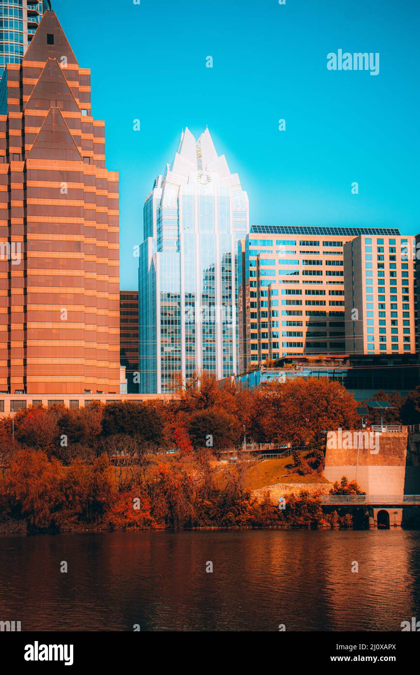 Vertical scenic view of the remarkable buildings on a blue sky ...