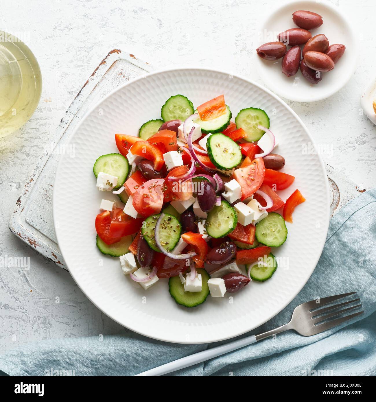 Greek village salad horiatiki with feta cheese, olives, cherry tomato ...