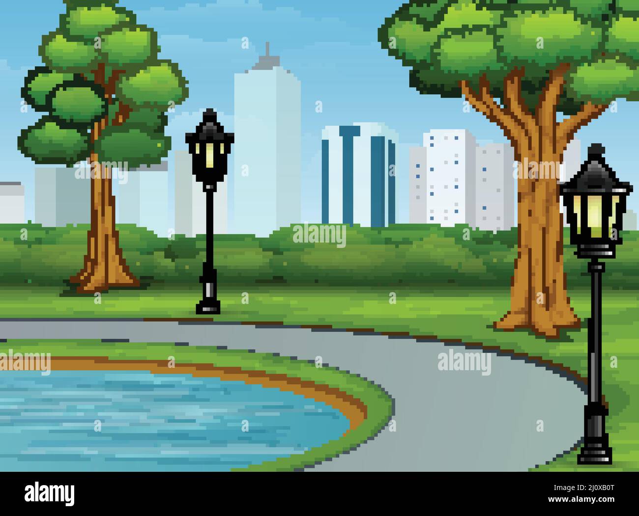 Beautiful city park background with pool and street light Stock Vector ...