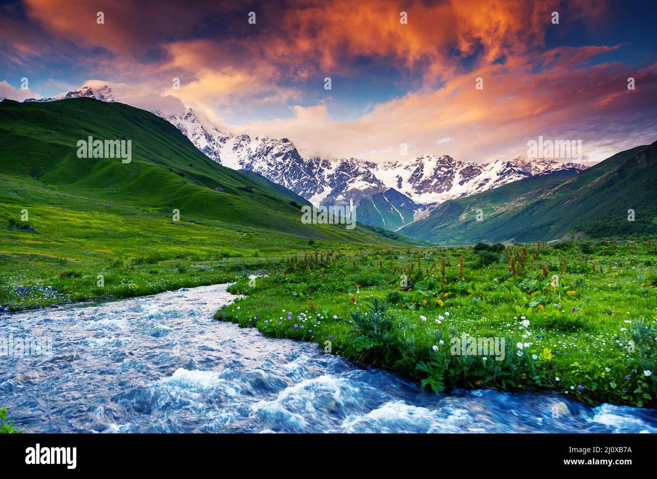 Fantastic landscape and colorful overcast sky at the foot of Mt ...