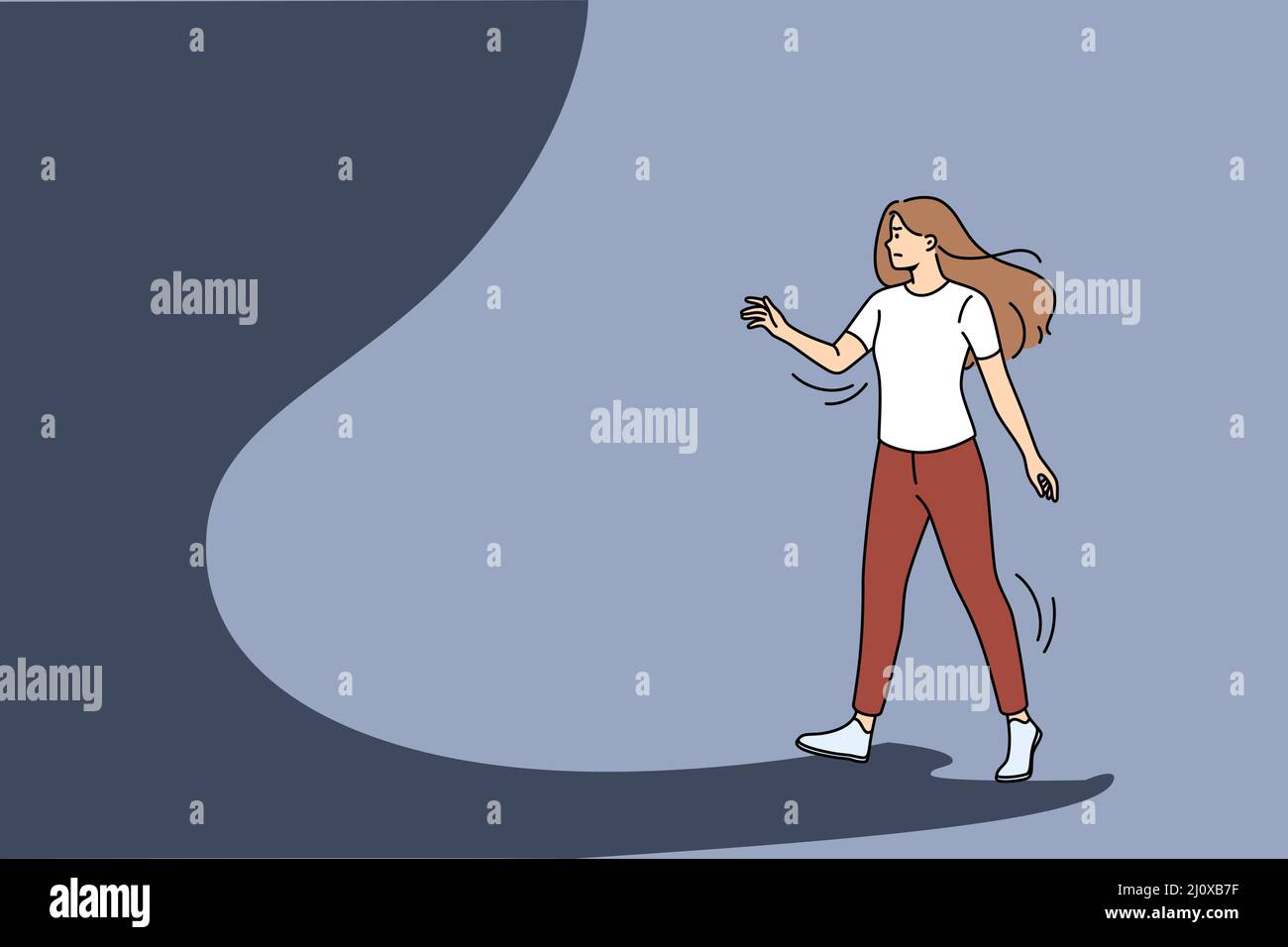 Anxious young woman look in unknown future. Worried girl on light path ...