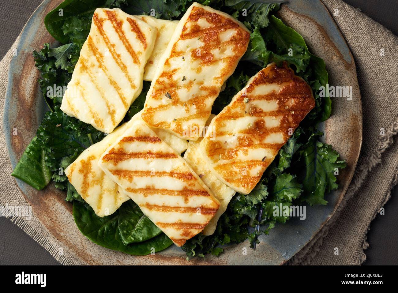 Cyprus fried halloumi cheese with healthy green salad. Lchf, pegan ...
