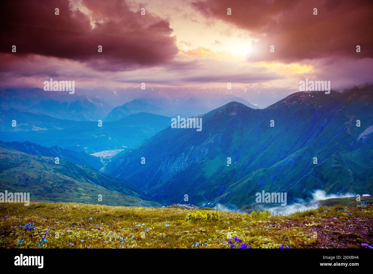 Fantastic colorful sunset in the mountains landscape. Upper Svaneti ...