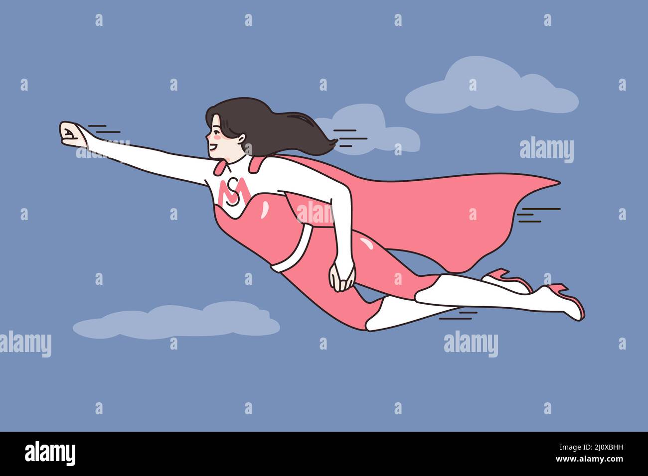 Smiling Young Mother In Superhero Costume Fly In Sky Happy Active