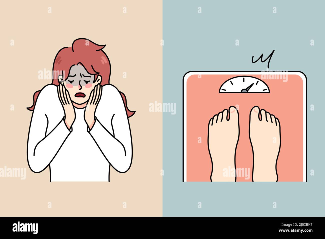 Unhappy stunned woman stand on scales shocked by weight on screen ...