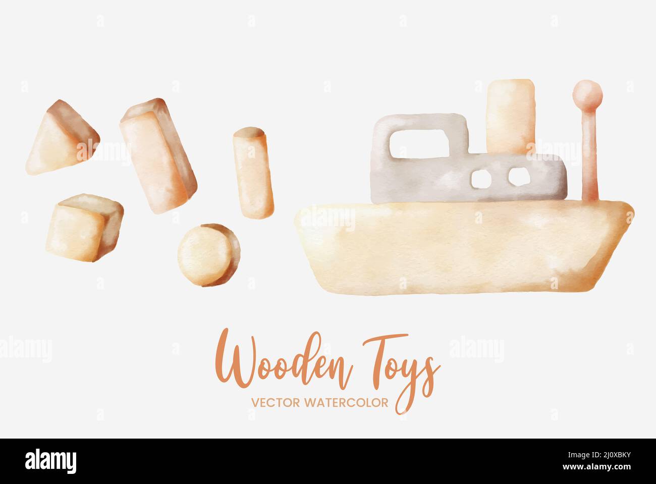 block shape and ship wooden toys watercolor set collection art graphic ...