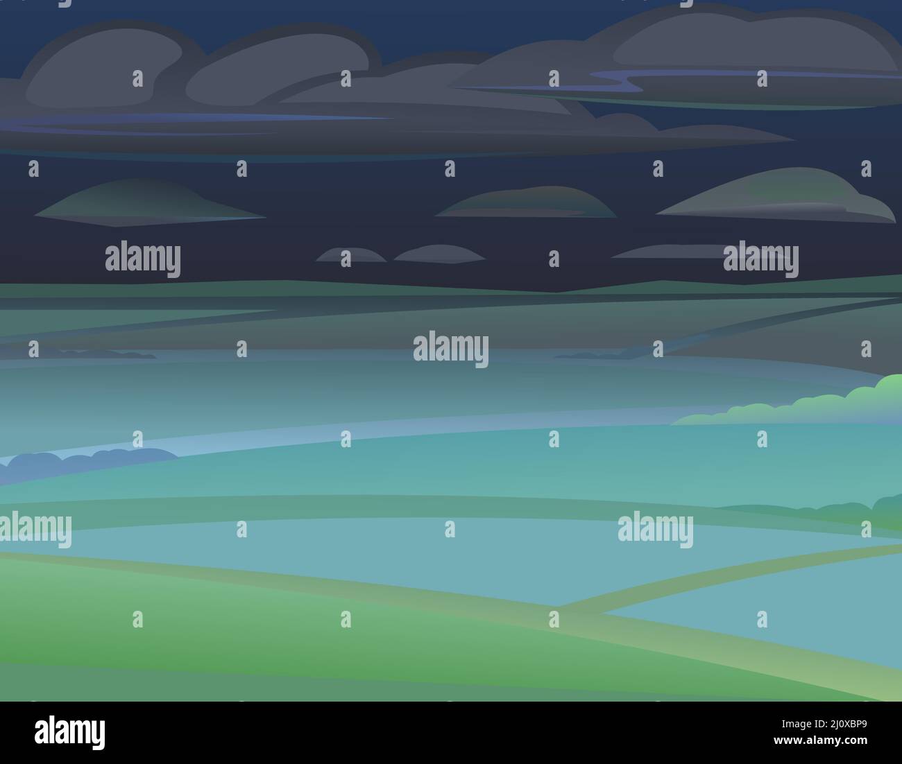 Night rural landscape. View of farm garden fields and hills. Flat style ...