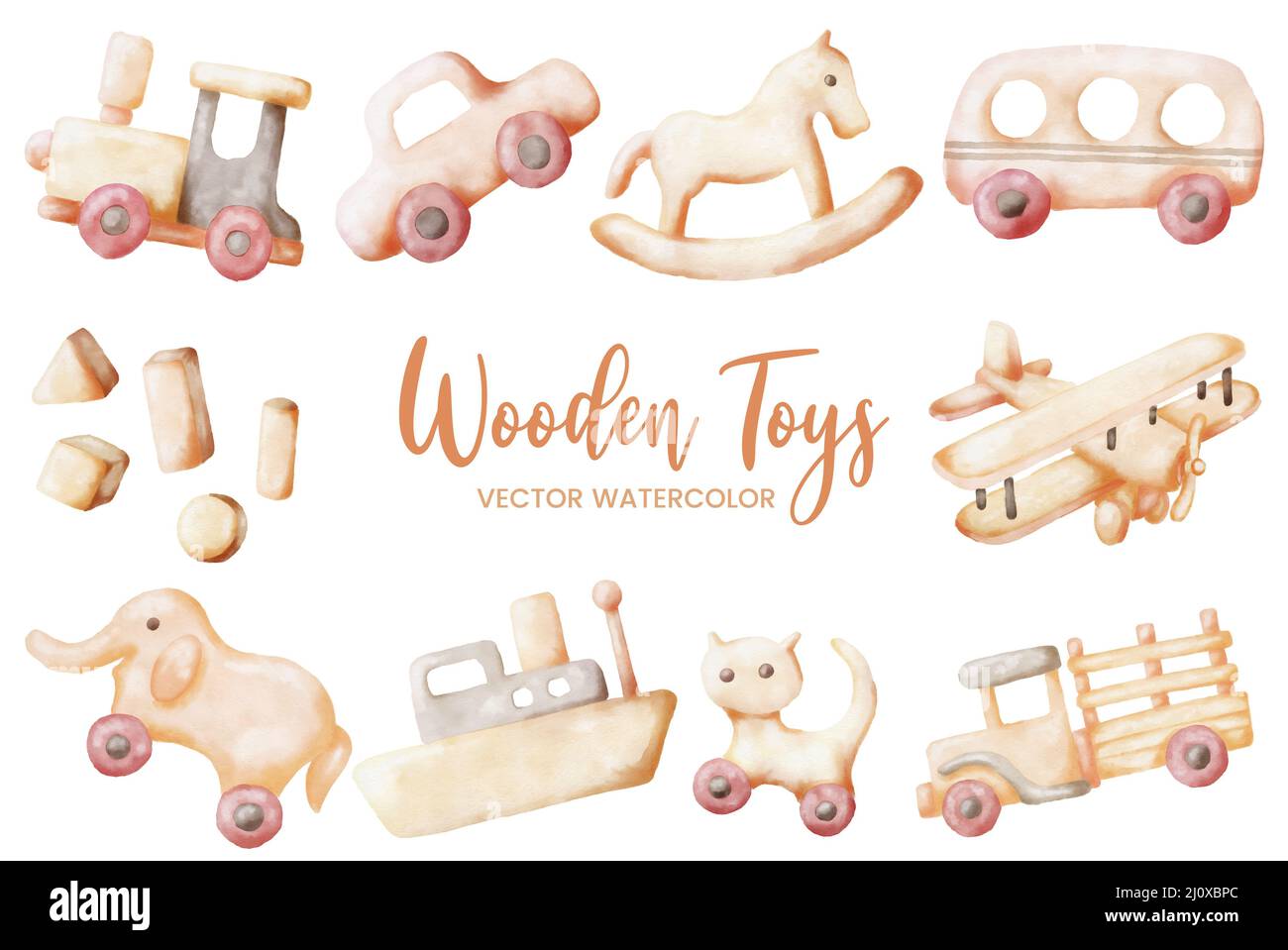 wooden toys watercolor set collection art graphic design illustration ...