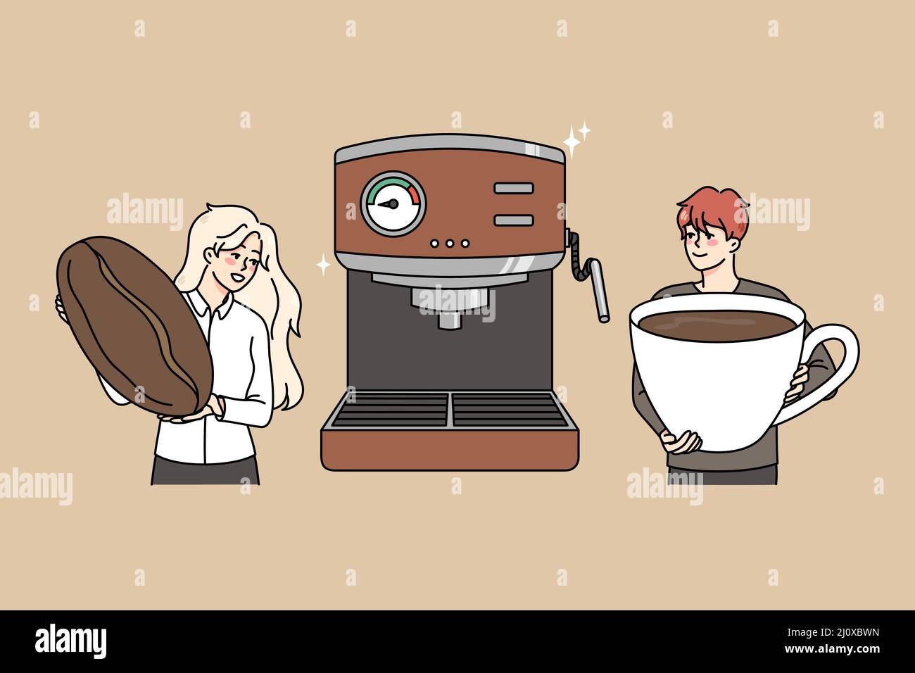 Diverse baristas make coffee in modern machine. Happy people prepare ...