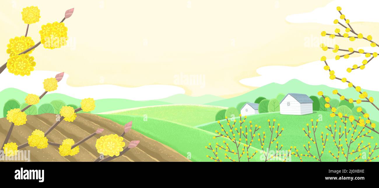 spring background with flowers and farm Stock Photo - Alamy