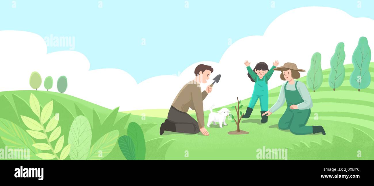 family planting tree in farm Stock Photo - Alamy