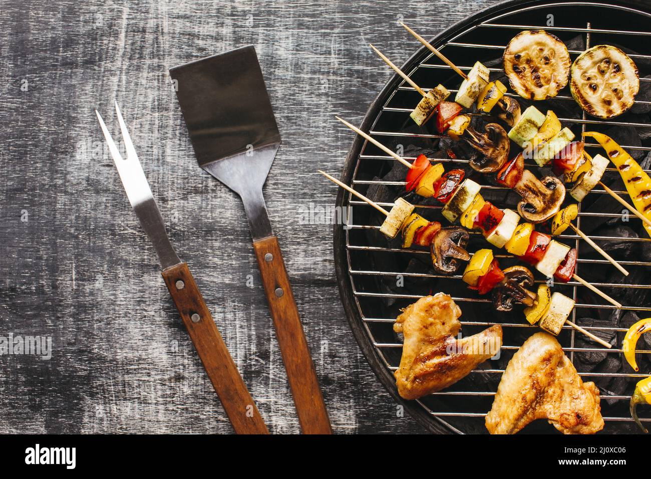 Preparation grilled meat barbecue grill wooden background. High quality ...