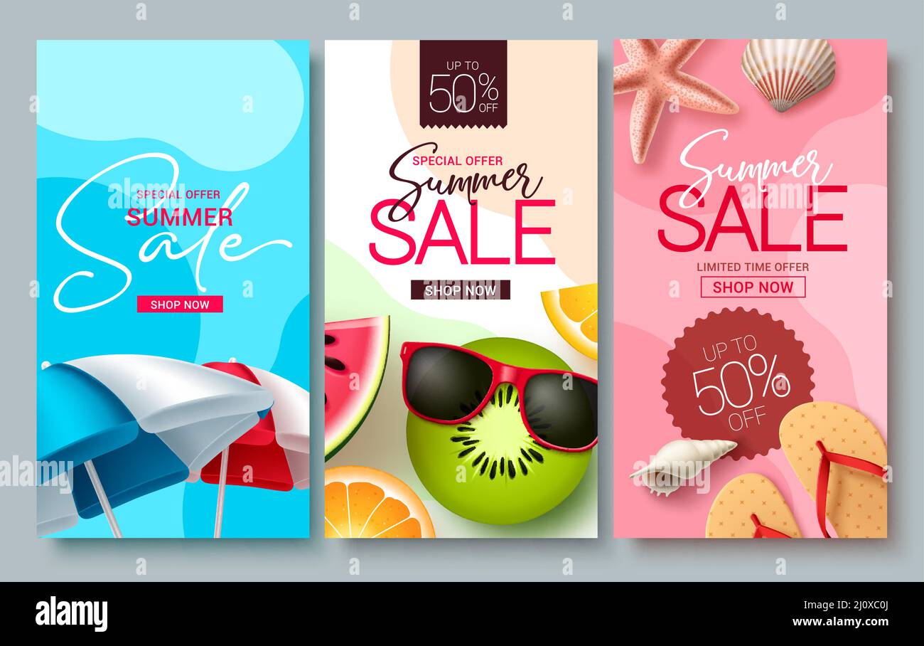 Summer sale vector poster set design. Summer promo discount collection ...