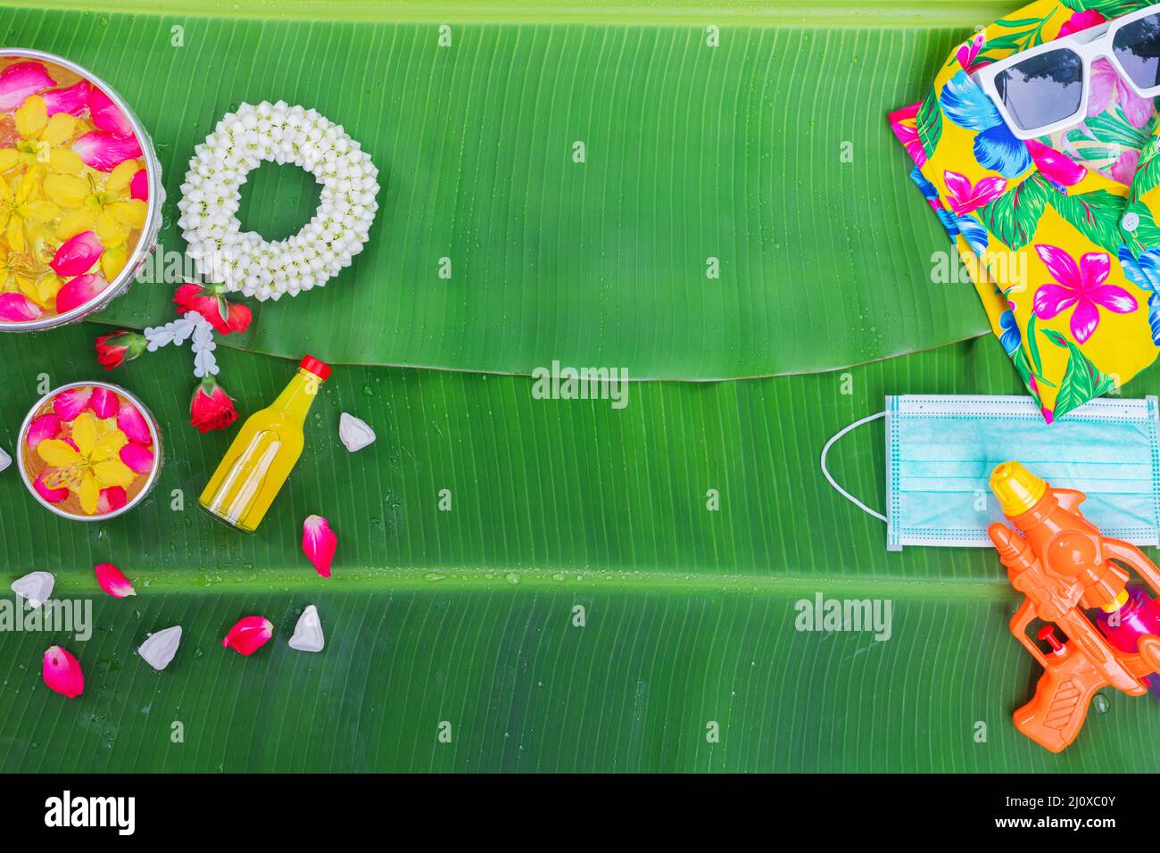 Songkran Festival background with jasmine garland Flowers in a bowl of ...