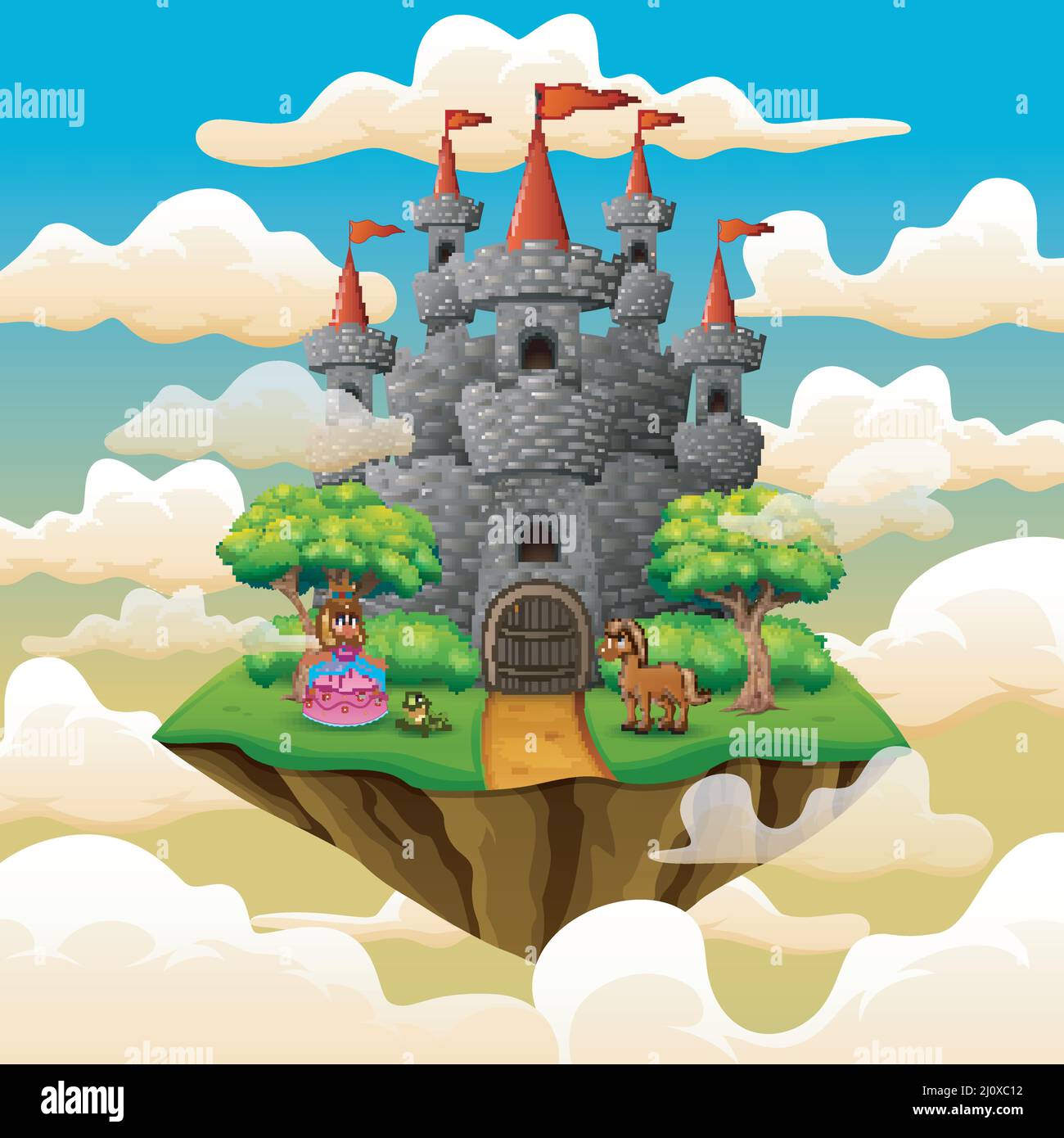 Cartoon princess in front a castle on the cloud Stock Vector Image ...