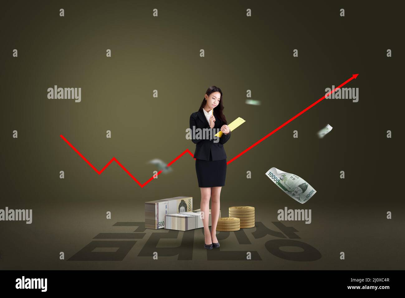 graphic poster of rise in interest rates, Korean young business woman ...