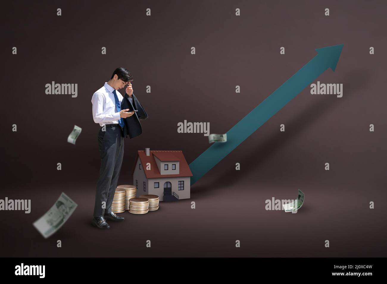graphic poster of rise in interest rates, Korean young business man ...